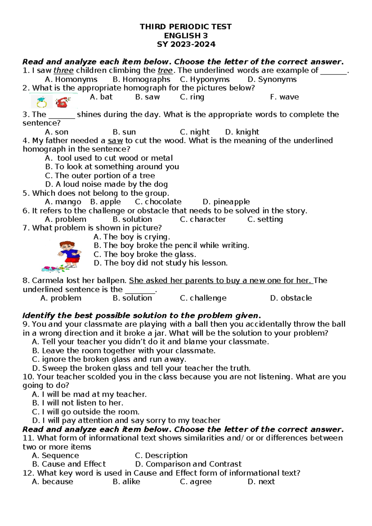 3rd Periodical Test- English - THIRD PERIODIC TEST ENGLISH 3 SY 2023 ...