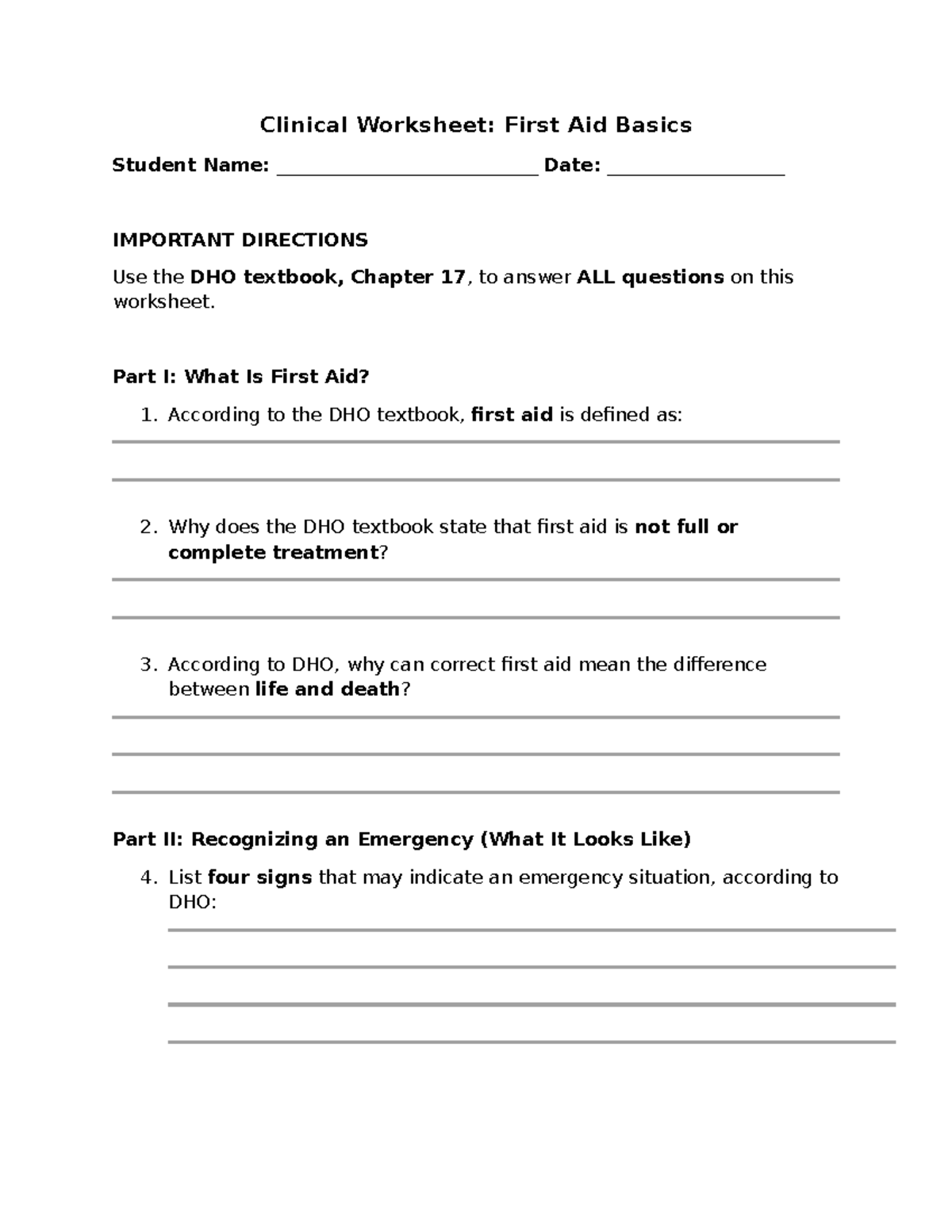 DHO 17: Clinical Worksheet on First Aid Basics - Studocu