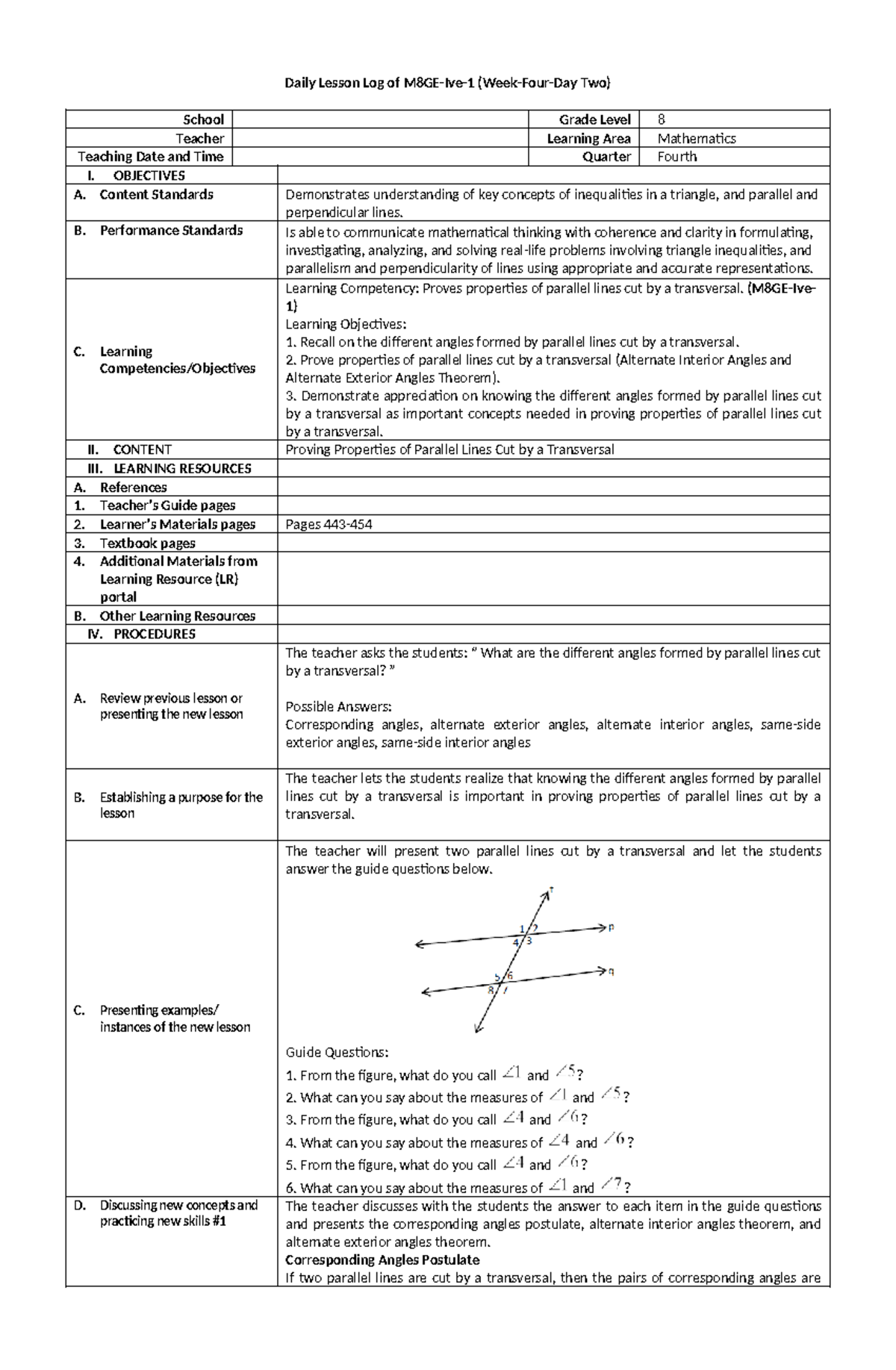 IV-Day 14 - Lesson Plan for Grade 8 Mathematics (4th Quarter) - Studocu