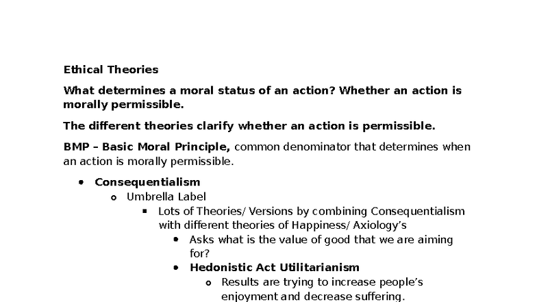 Ethical Theories: Understanding Moral Status and Permissibility - Studocu