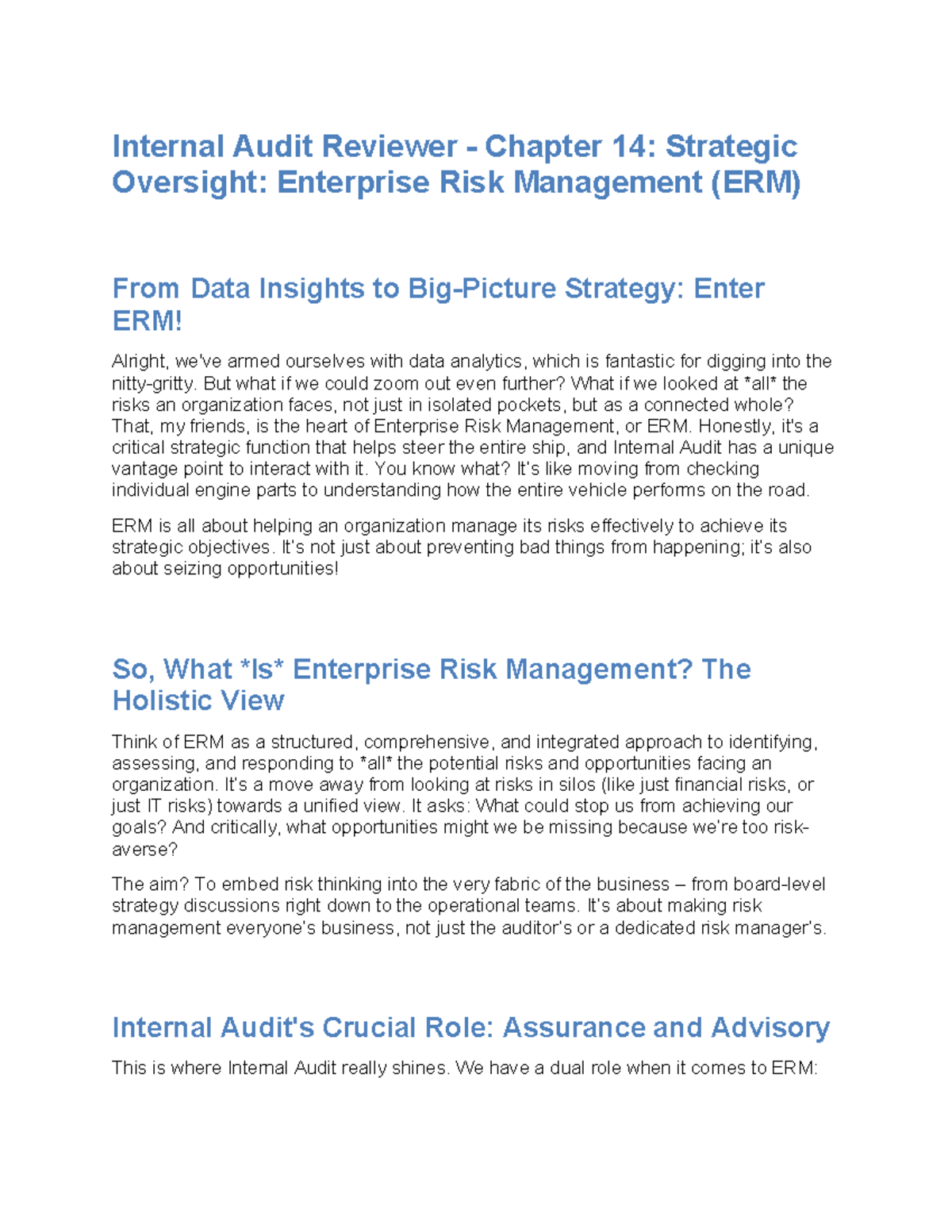 Internal Audit Essentials: Chapter 14 - Strategic Oversight & ERM - Studocu