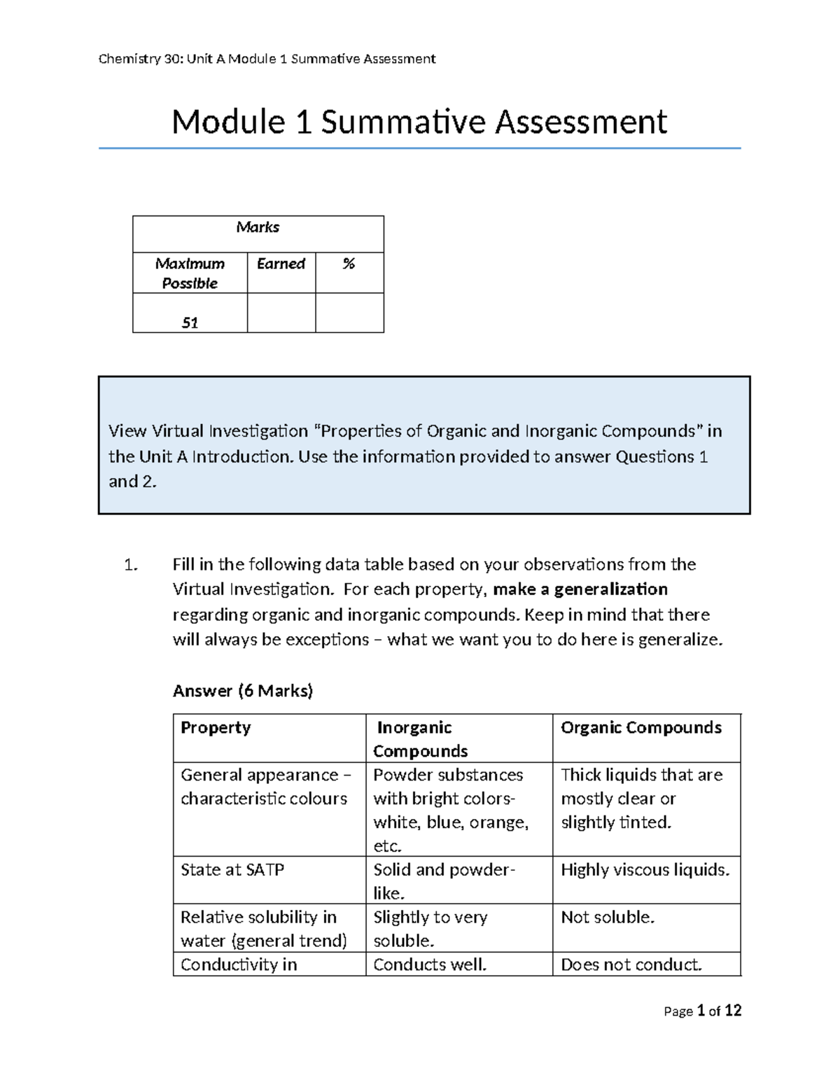 Module 1 Summative Assessment: Organic vs Inorganic Compounds ...