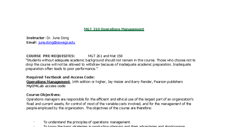 MGT 310 W25 Operations Management Syllabus Overview and Objectives ...