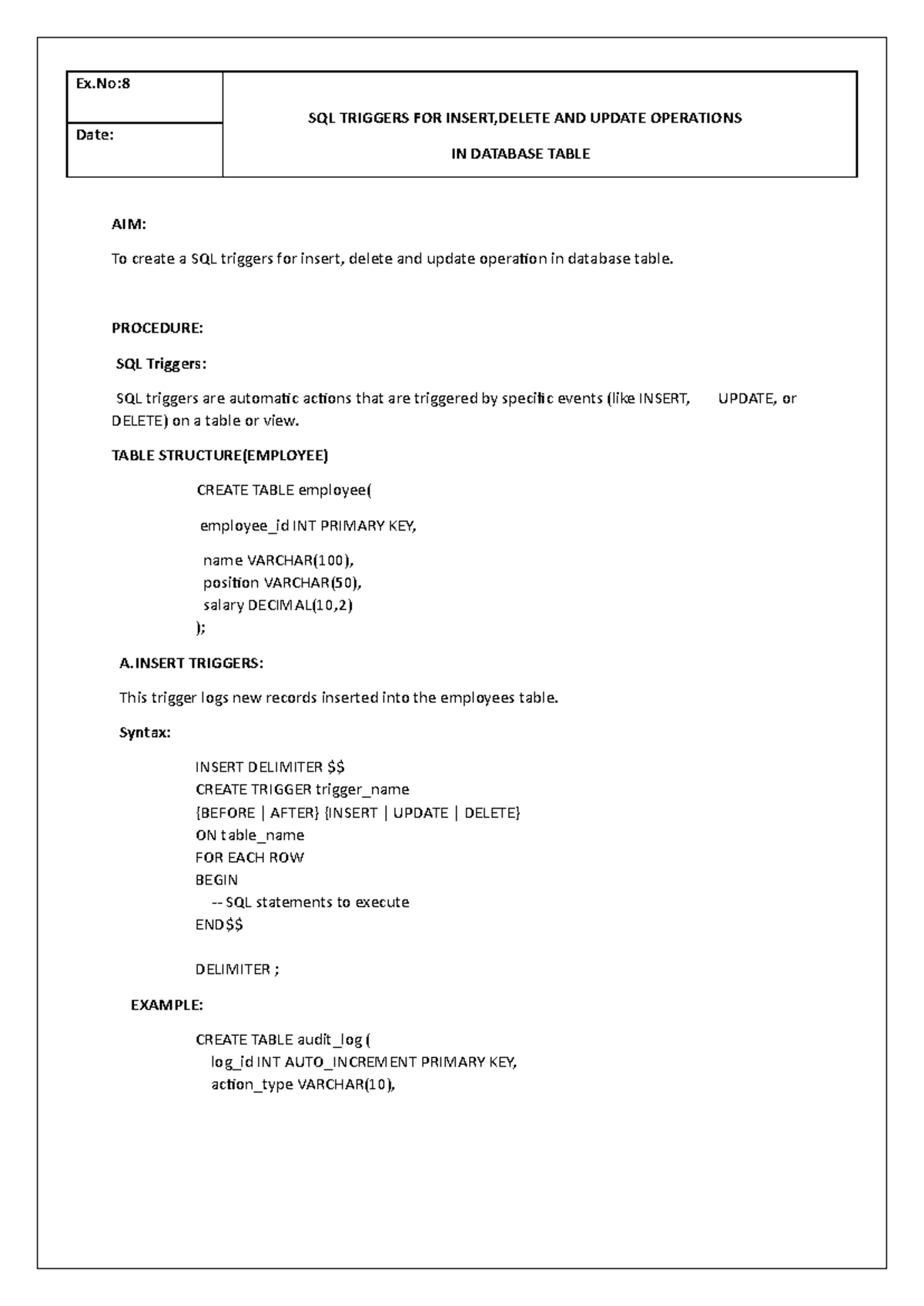 Ex No 8 Sql Triggers For Insert Delete Update Operations Studocu
