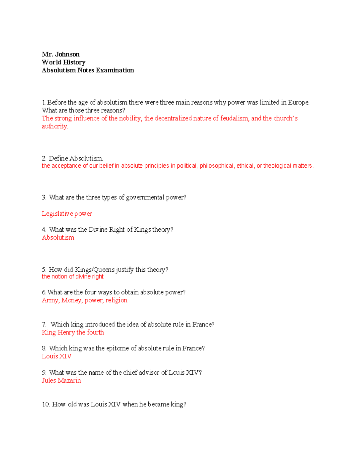 Absolutism Notes Examination - Mr. Johnson World History Absolutism ...