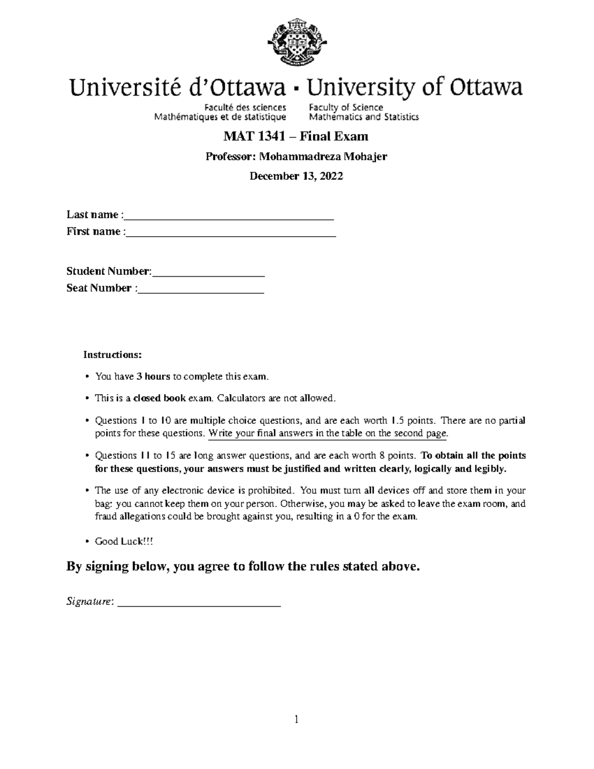 Final Exam Practice for MAT1341 A - Questions and Instructions - Studocu