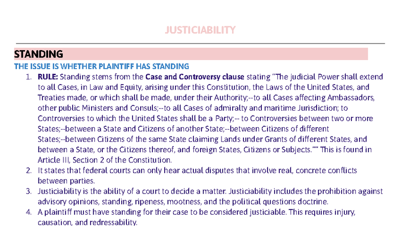 CON LAW 101: Justiciability and Standing Analysis - Studocu