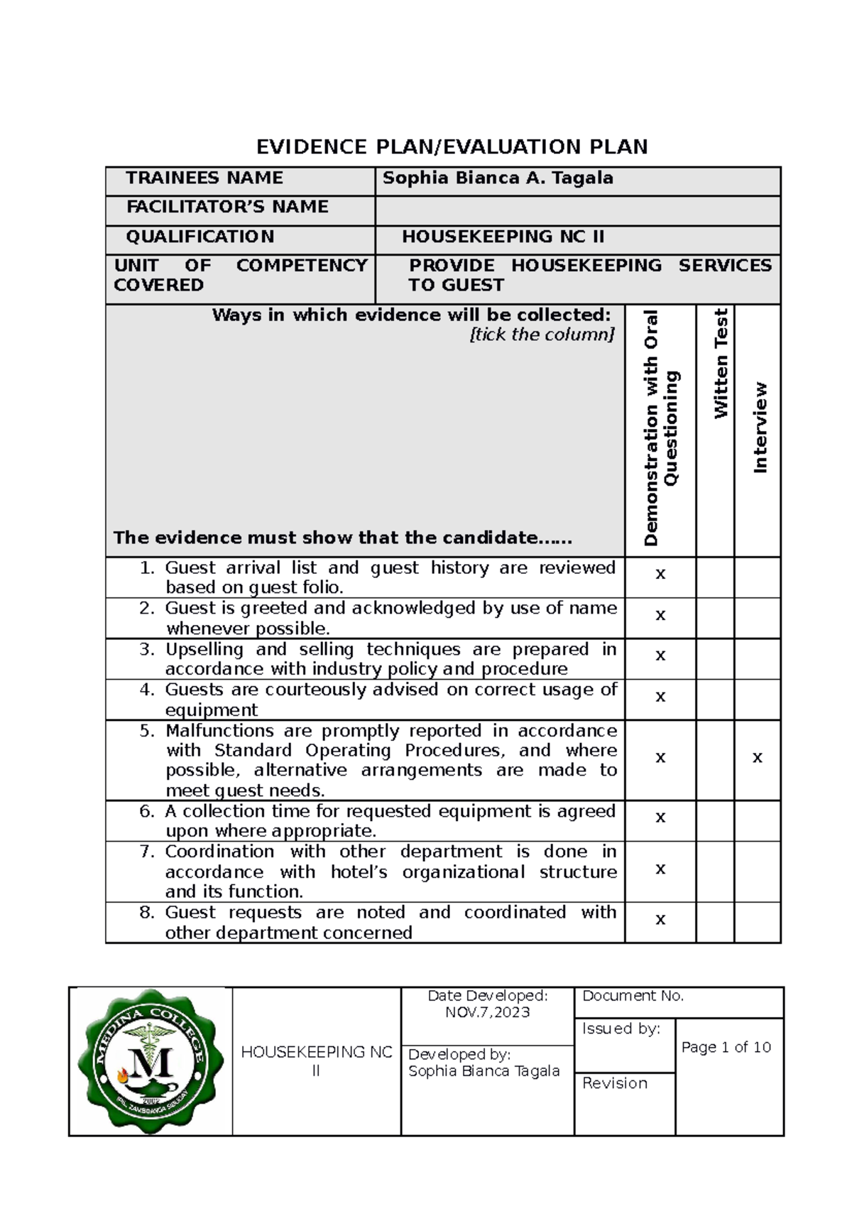 Evidence Evaluation Plan for Housekeeping NC II - Sophia Bianca A. Tagala - Studocu