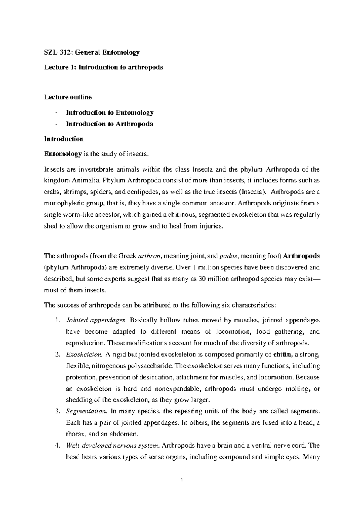SZL 312: General Entomology Lecture 1 - Introduction to Arthropods - Studocu
