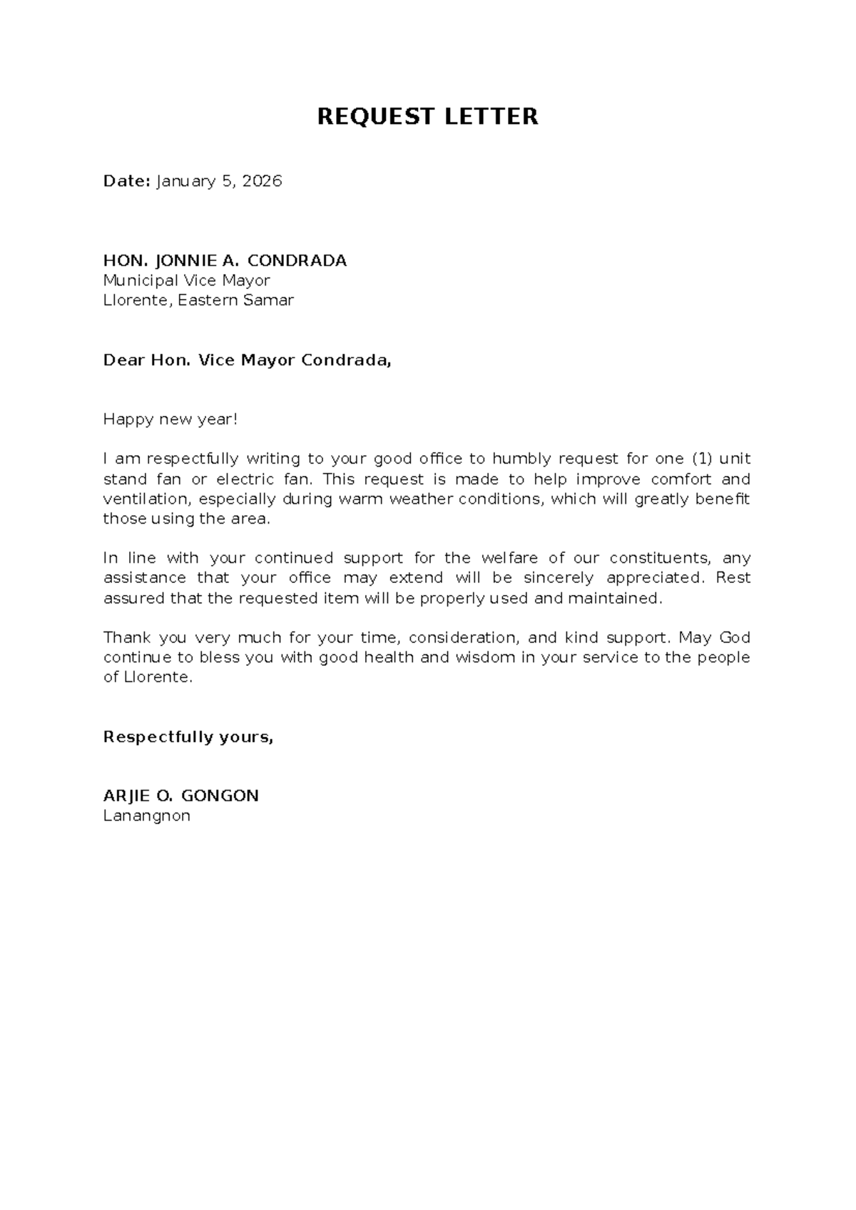 Request Letter for Stand Fan - English - Studocu