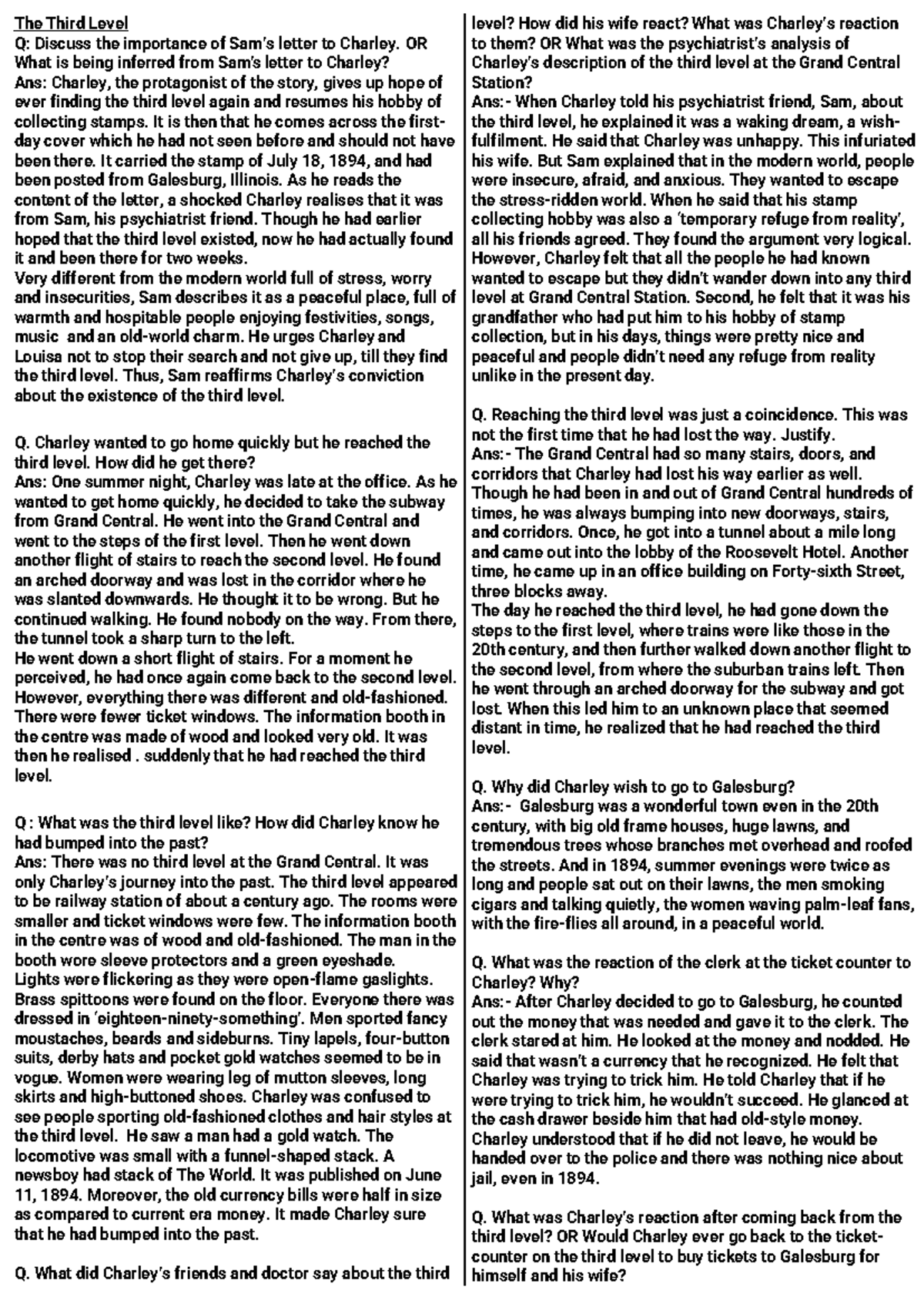 3rd Level - Key Questions & Literary Devices in "The Third Level" - Studocu