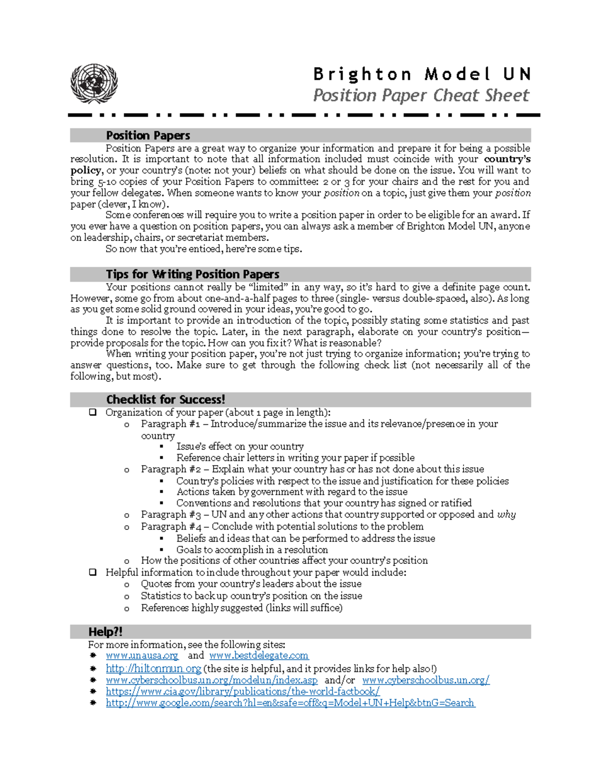 Position Paper Cheat Sheet - B r i g h t o n M o d e l U N Position ...