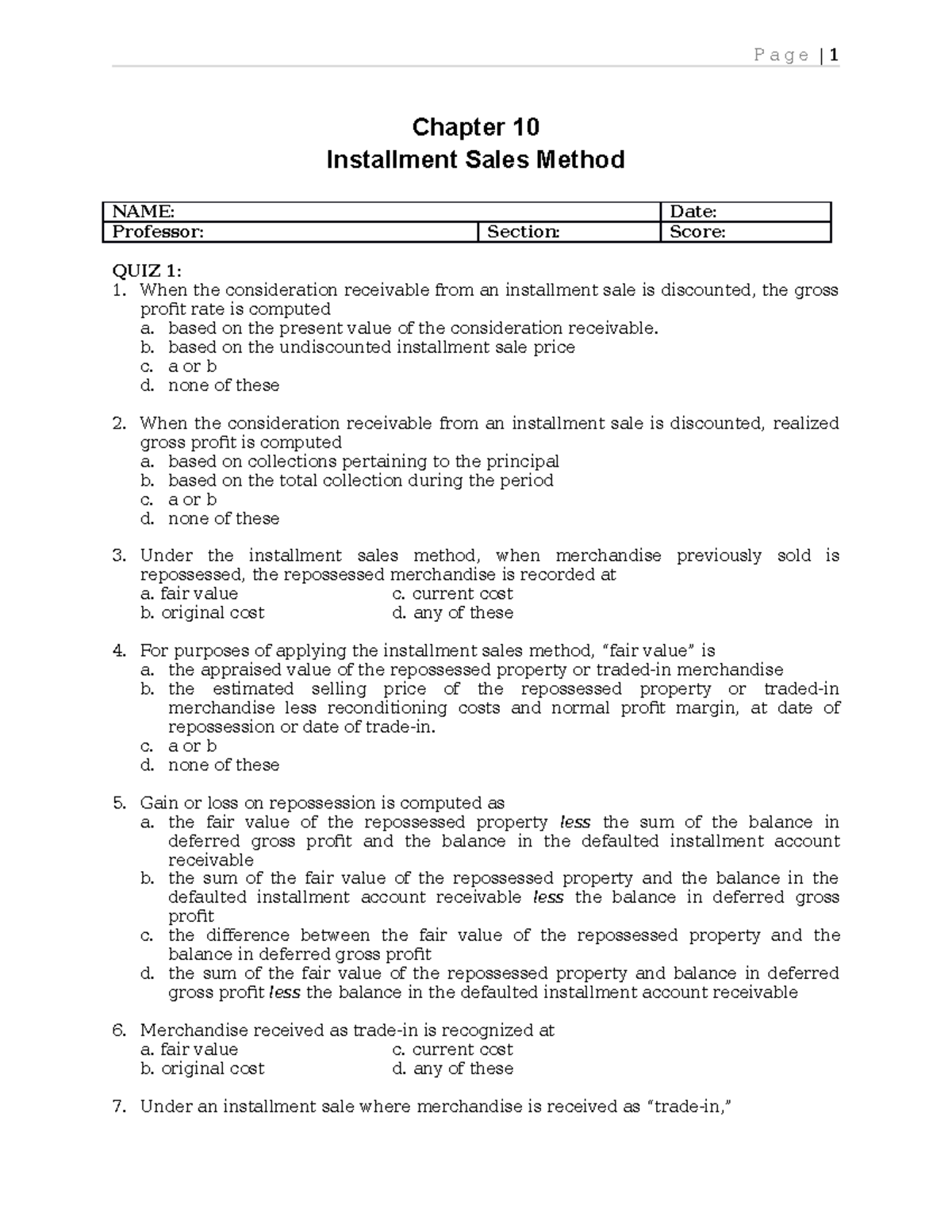 QUIZ Chapter 10 Installment Sales Method Overview and Questions - Studocu