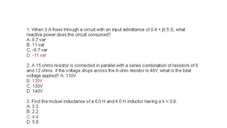 Ee2 - Circuit Analysis Quiz: 10 Items on Reactive Power & Resistors ...