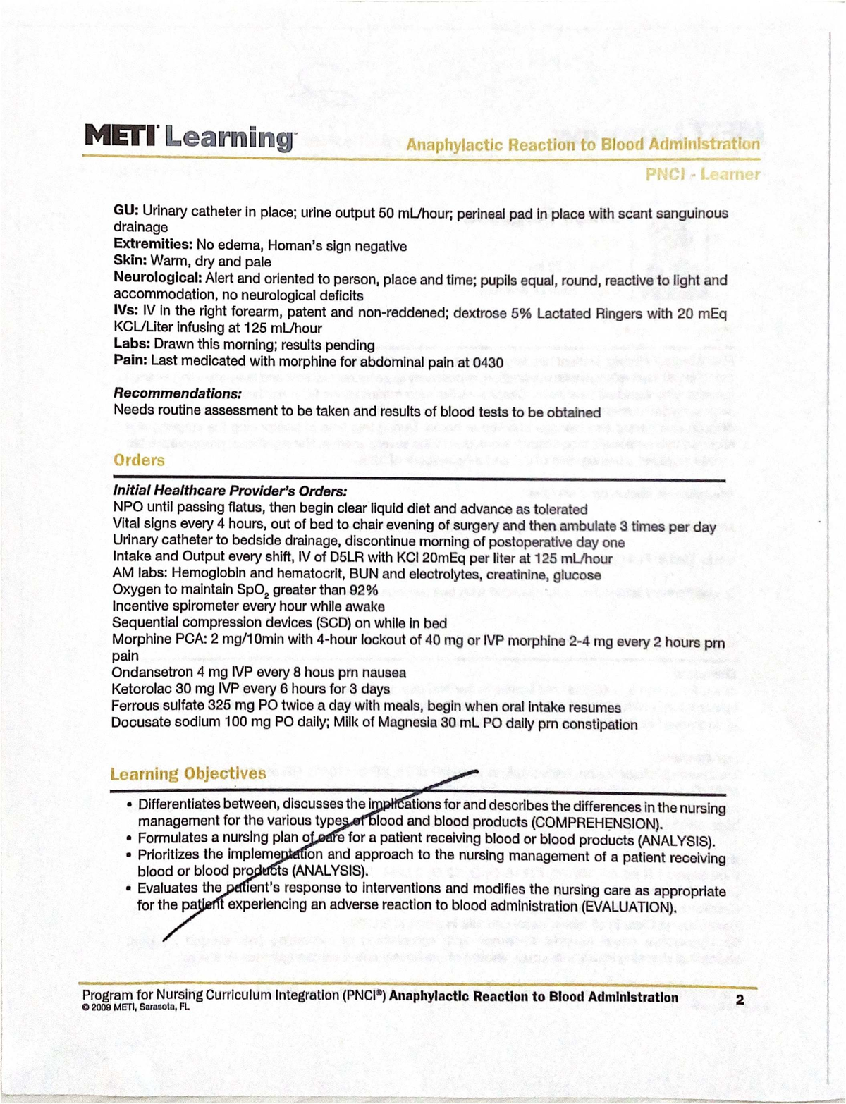 PNCI Case Study: Anaphylactic Reaction to Blood Administration - Studocu