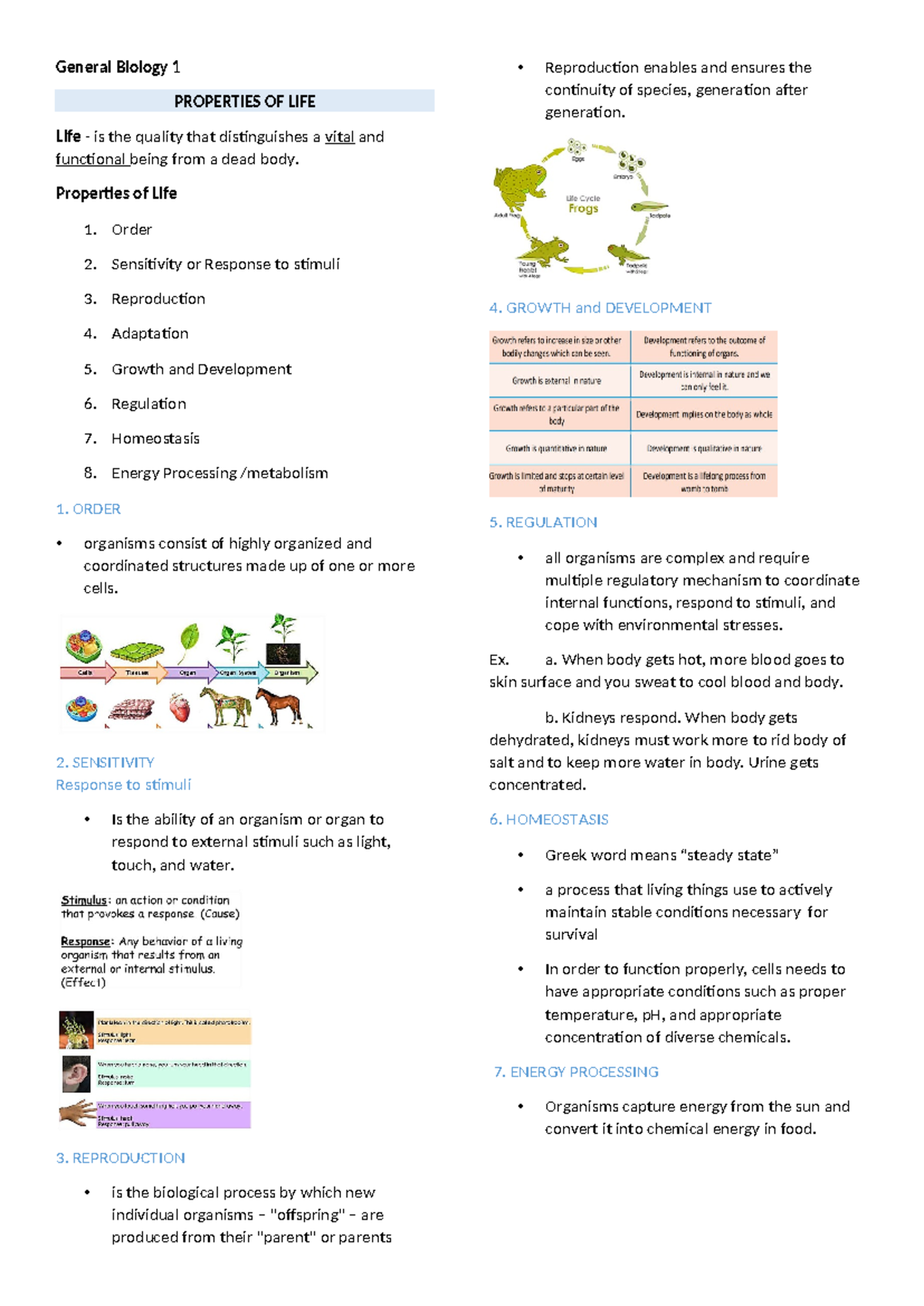 Bio 1 - General Biology Notes: Understanding Life & Cell Properties ...