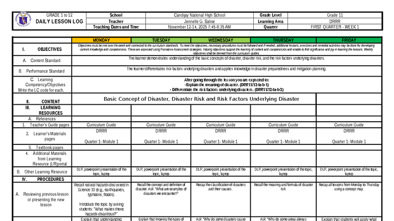 DRRR 11 - WEEK 1 DAILY LESSON LOG on Disaster Preparedness - Studocu