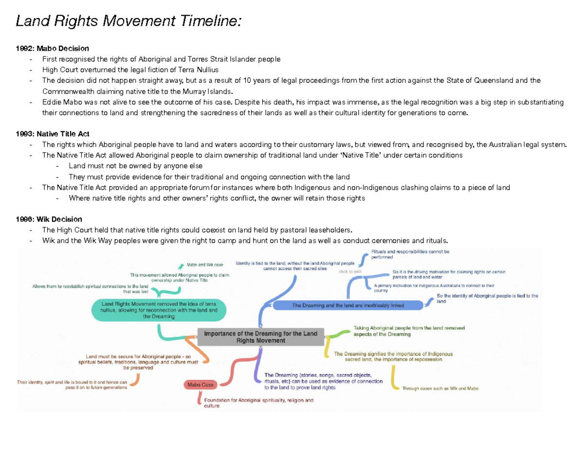 LAND RIGHTS MOVEMENT TIMELINE FOR SOR 1U: Mabo Case Overview - Studocu