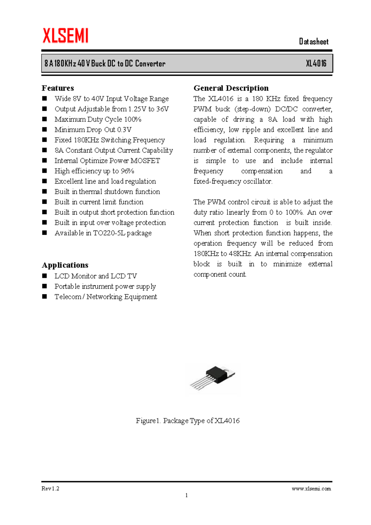 XL4016 - 8A 180KHz Buck DC-DC Converter Datasheet - Studocu