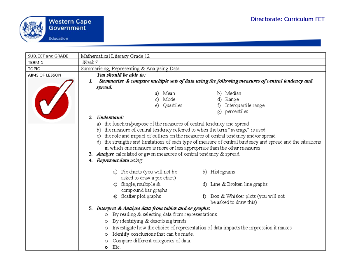 Mathematical Literacy Grade 12 - Data Handling: Summarising & Analyzing Data - Studocu