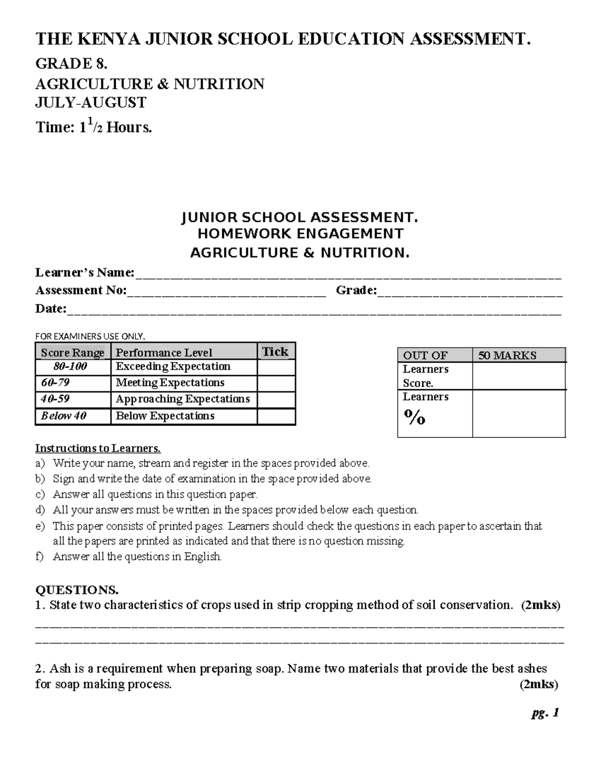 G8 - Agriculture Nutrition Homework Assessment: Key Concepts ...