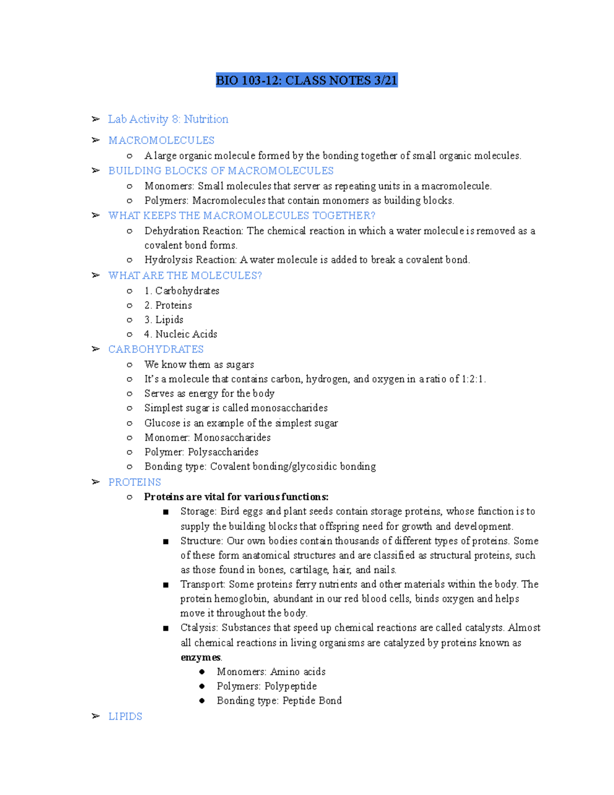 BIO 103 - Nutrition - BIO 103-12: CLASS NOTES 3/ Lab Activity 8 ...