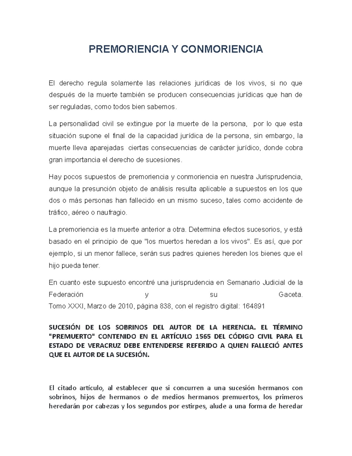 Premoriencia Y Conmoriencia - PREMORIENCIA Y CONMORIENCIA El derecho ...