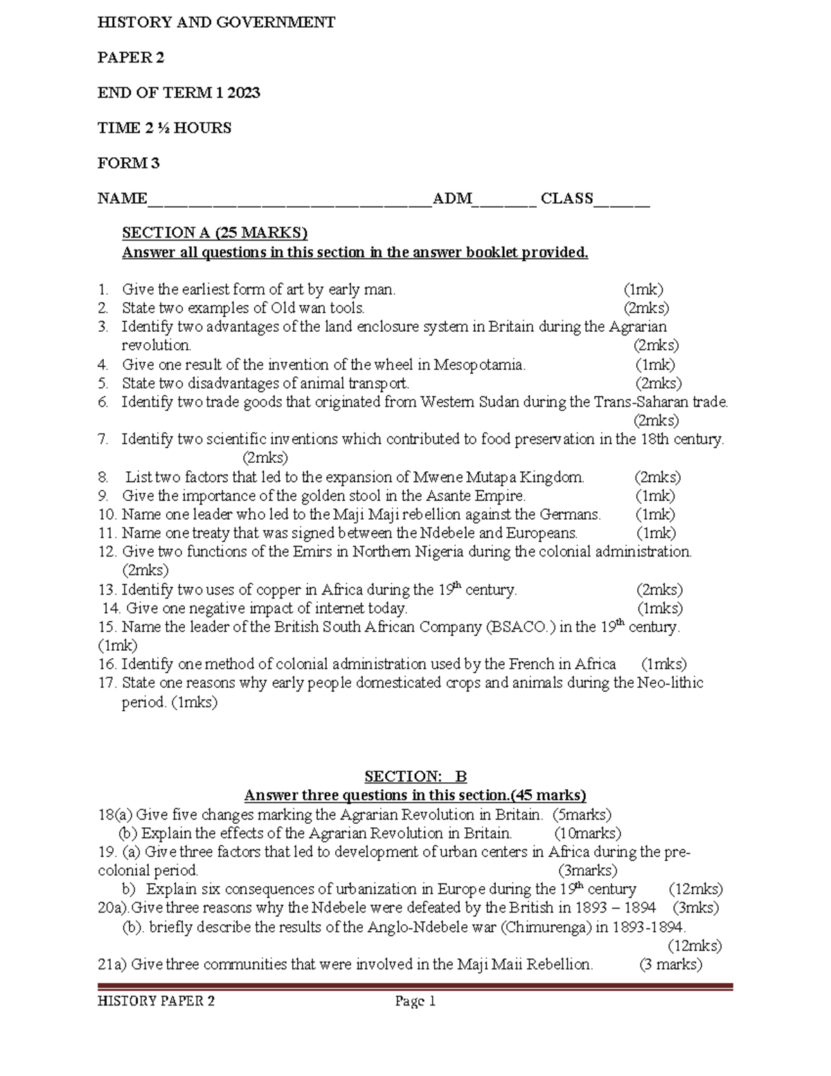 HIS-F3-PP2 - HISTORY PAPER 2 END OF TERM 1 2023 EXAMINATION NOTES - Studocu