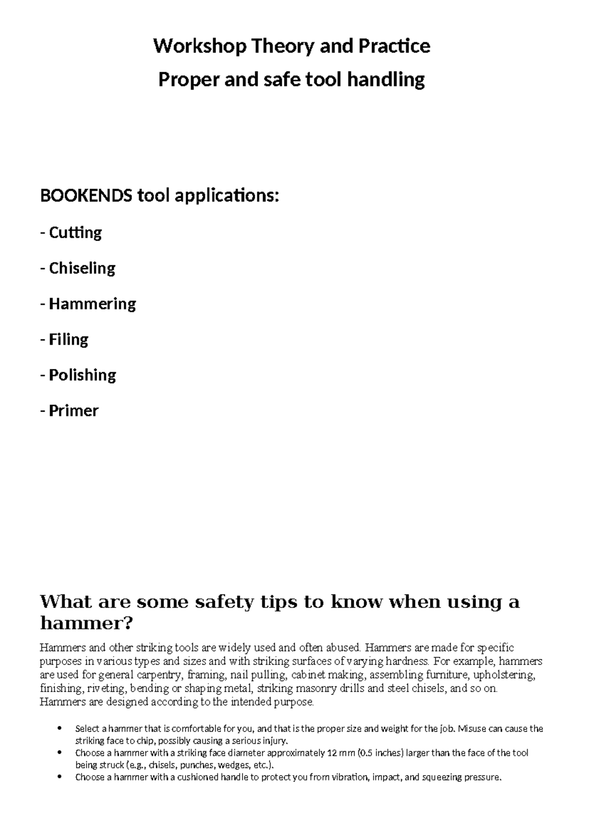 Workshop Safety Guide: Proper Tool Handling & Application - Studocu