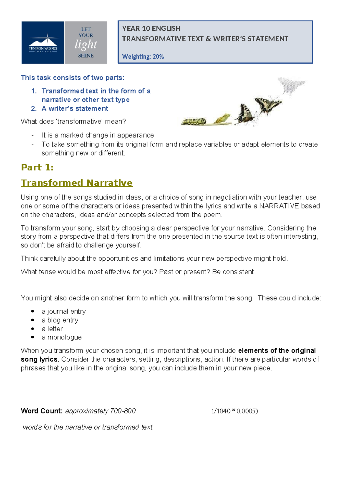 YEAR 10 ENGLISH TRANSFORMATIVE TEXT TASK: NARRATIVE & STATEMENT - Studocu
