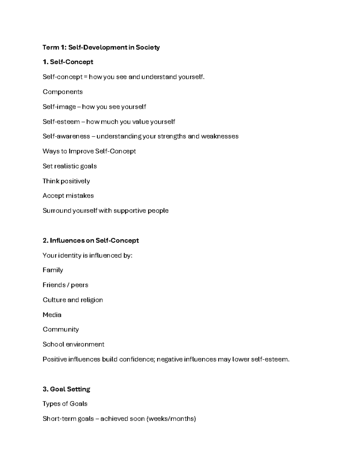 LO NOTES TERM 1: Understanding Self, Identity, Goals & Stress ...