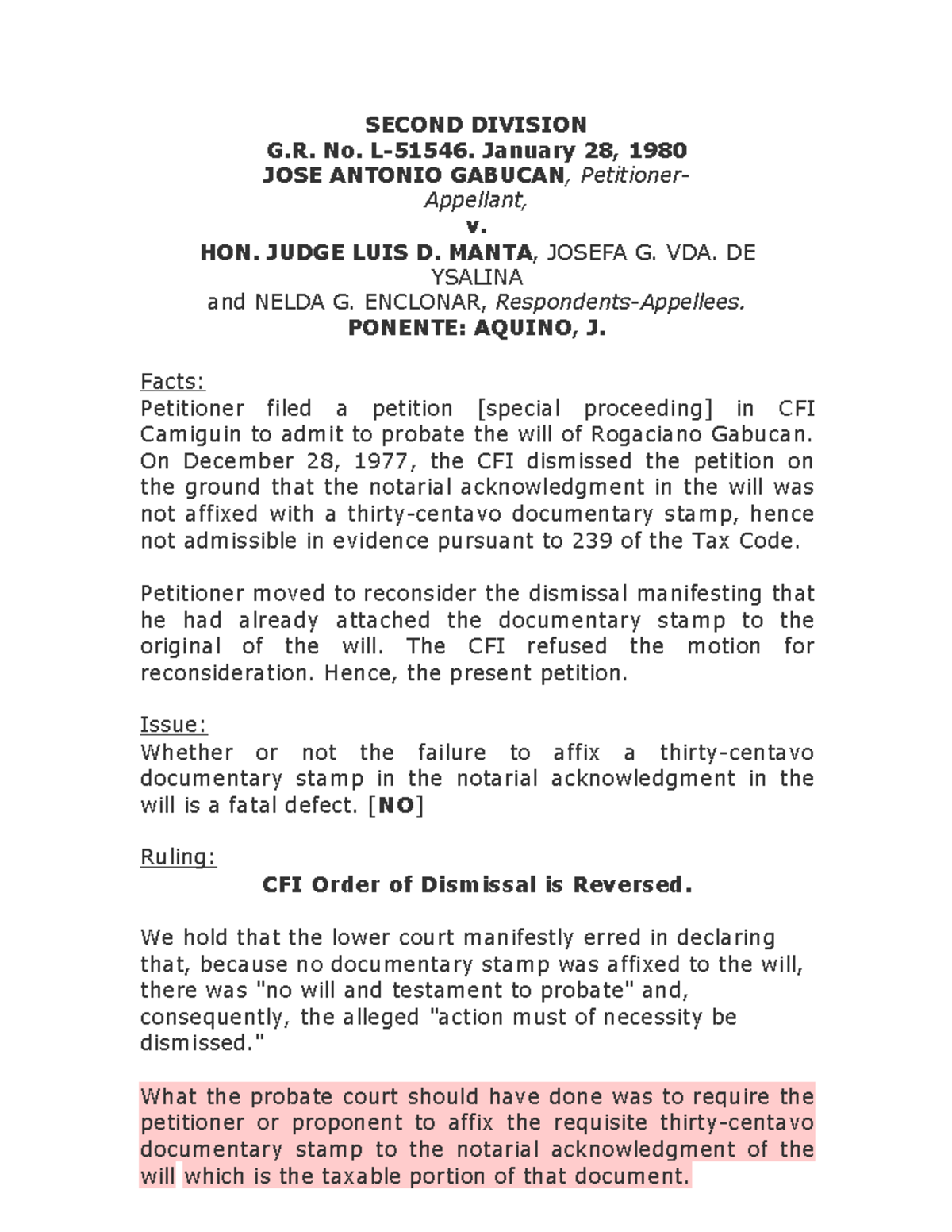 Gabucan v. Manta: Review of Will Probate in Corp Law Case Study - Studocu