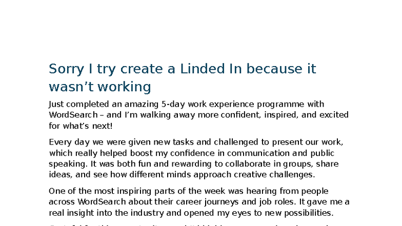 Work Experience Reflection: Insights from WordSearch Program - Studocu