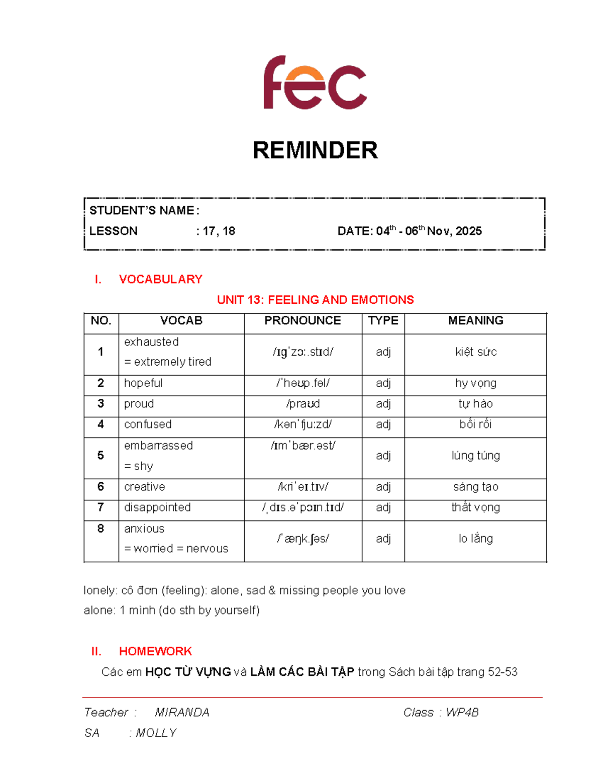 WP4B - Lesson Reminder: Vocabulary on Feelings & Emotions - Studocu