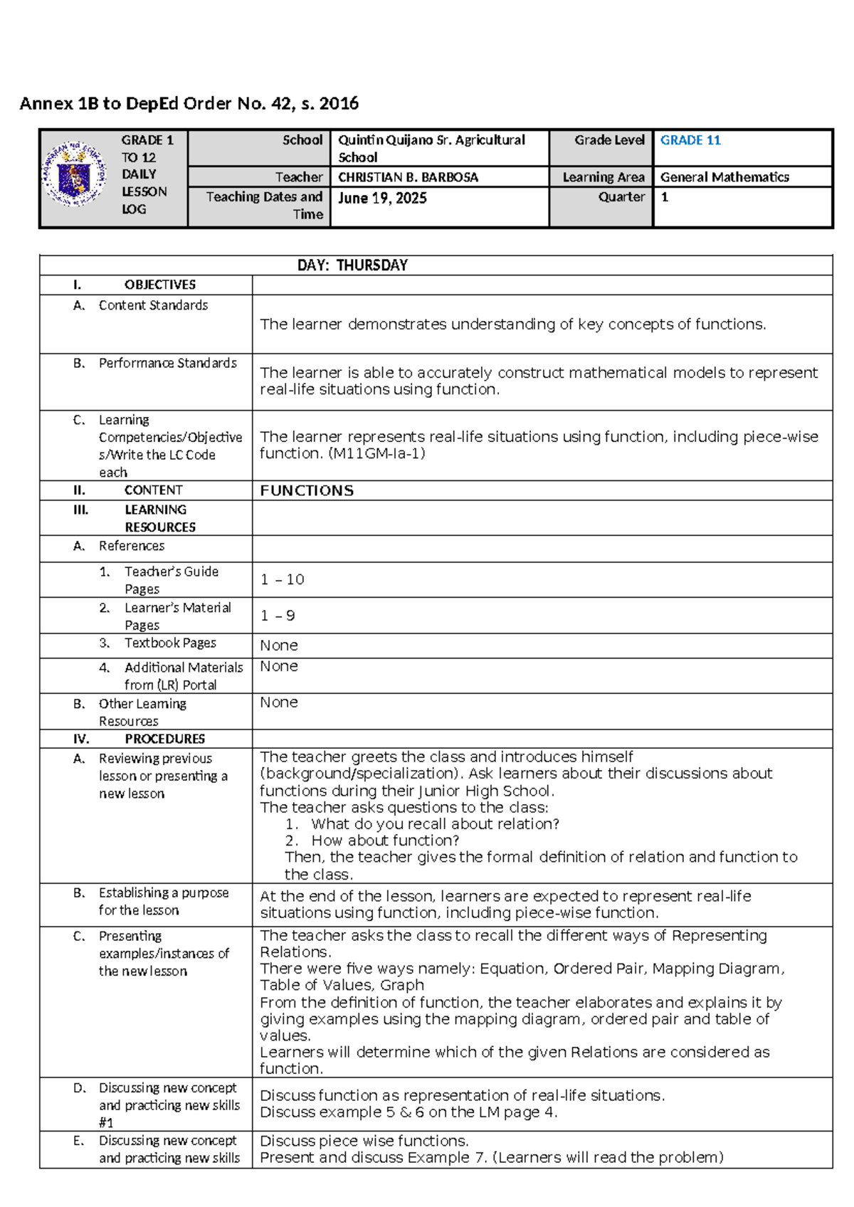 Grade 11 General Mathematics Lesson 1: Functions and Their Applications ...