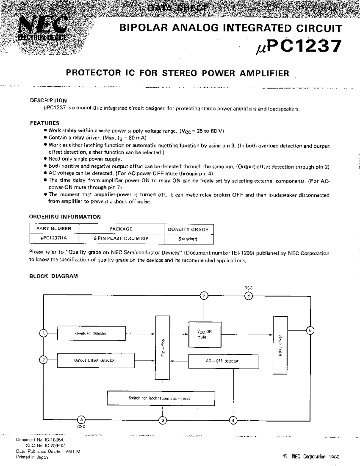 NEC µPC1237: Data Sheet for Stereo Power Amplifier Protector IC - Studocu
