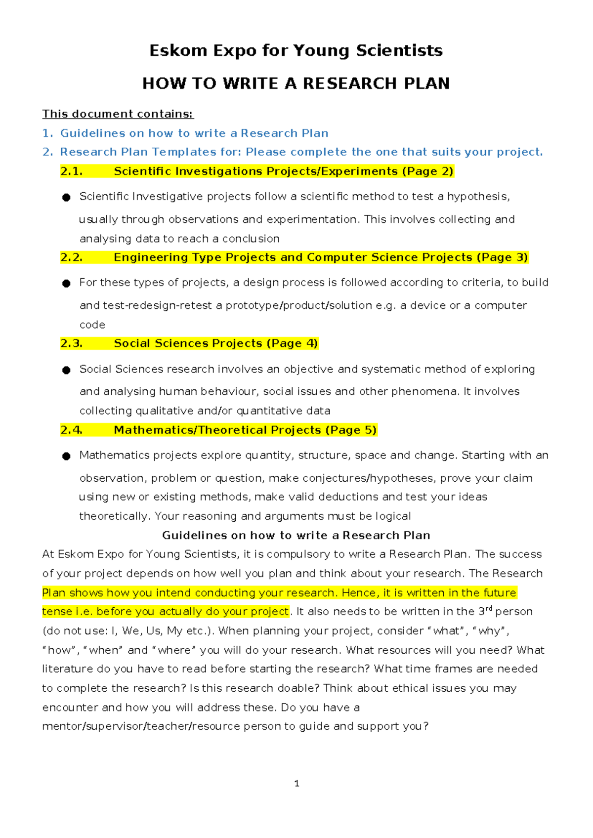 Eskom Expo Research Plan Template for Project Types Guide - Studocu