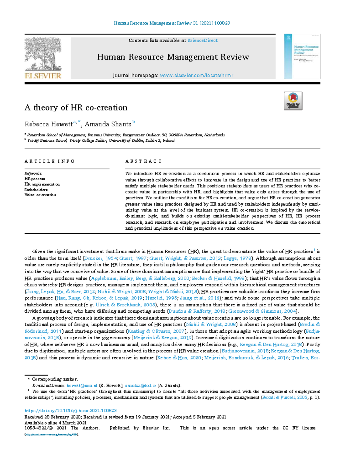 A Theory of HR Co-Creation: Enhancing Value Through Collaboration - Studocu