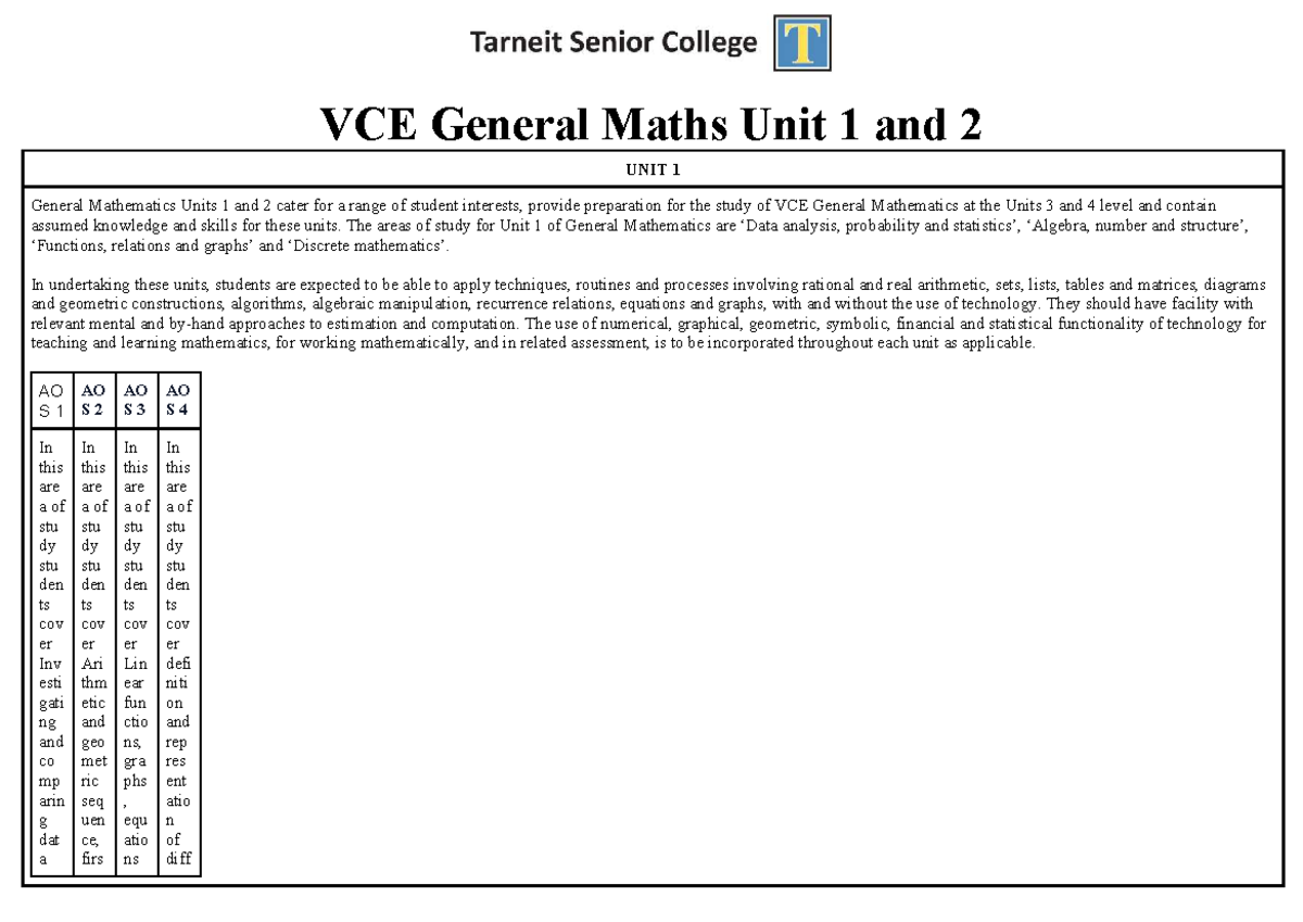 VCE General Maths Units 1 & 2 Study Guide and Calendar 2025 - Studocu