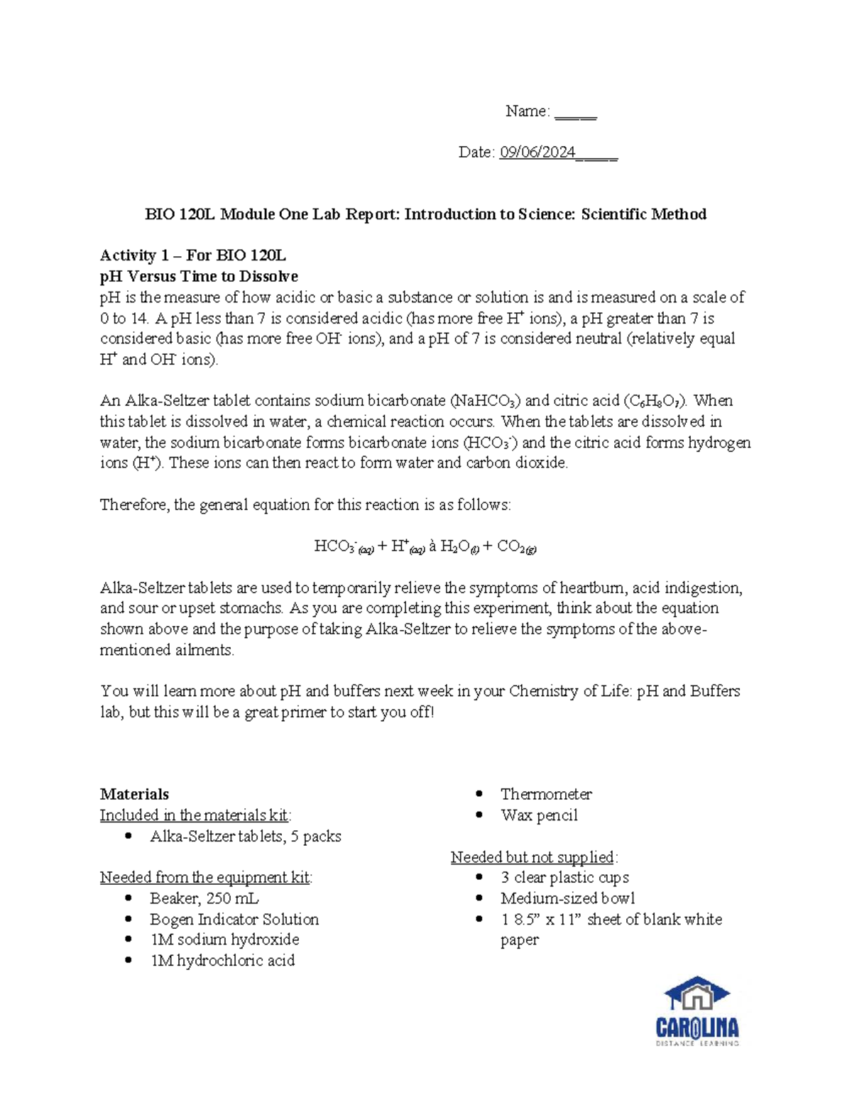 BIO 120L Module One Lab Report: Scientific Method & pH Experiment - Studocu