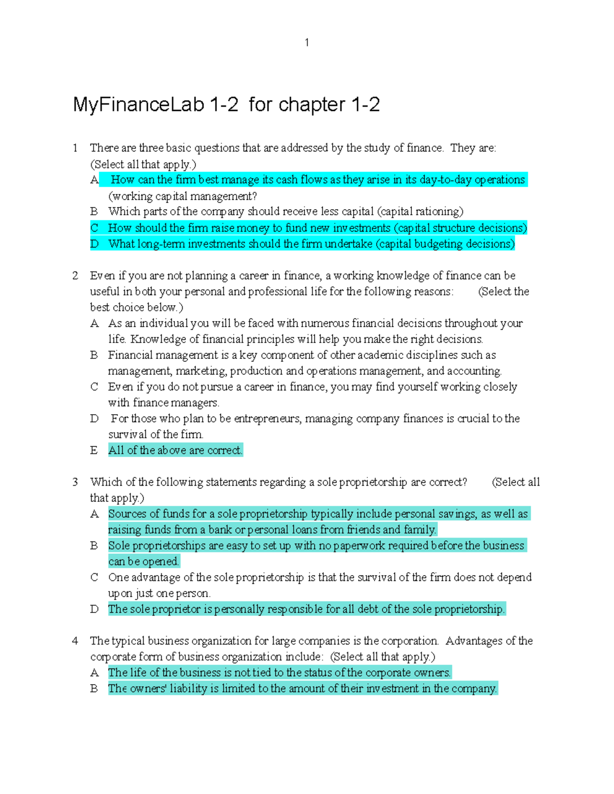 FIN 320 - MyFinanceLab Study Notes for Chapters 1-2 - Studocu