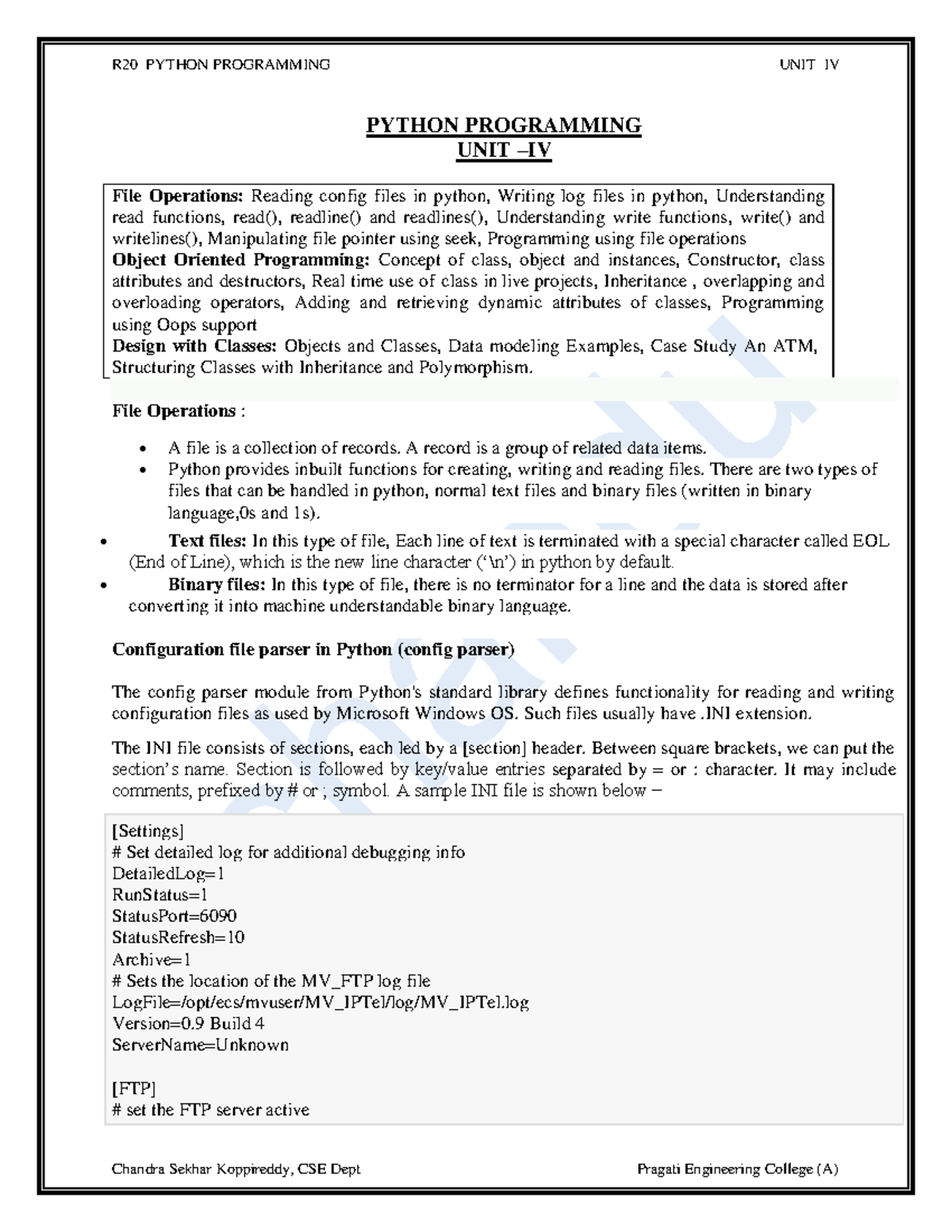 Programming in Python: Unit 4 - File Ops & OOP Concepts - Studocu