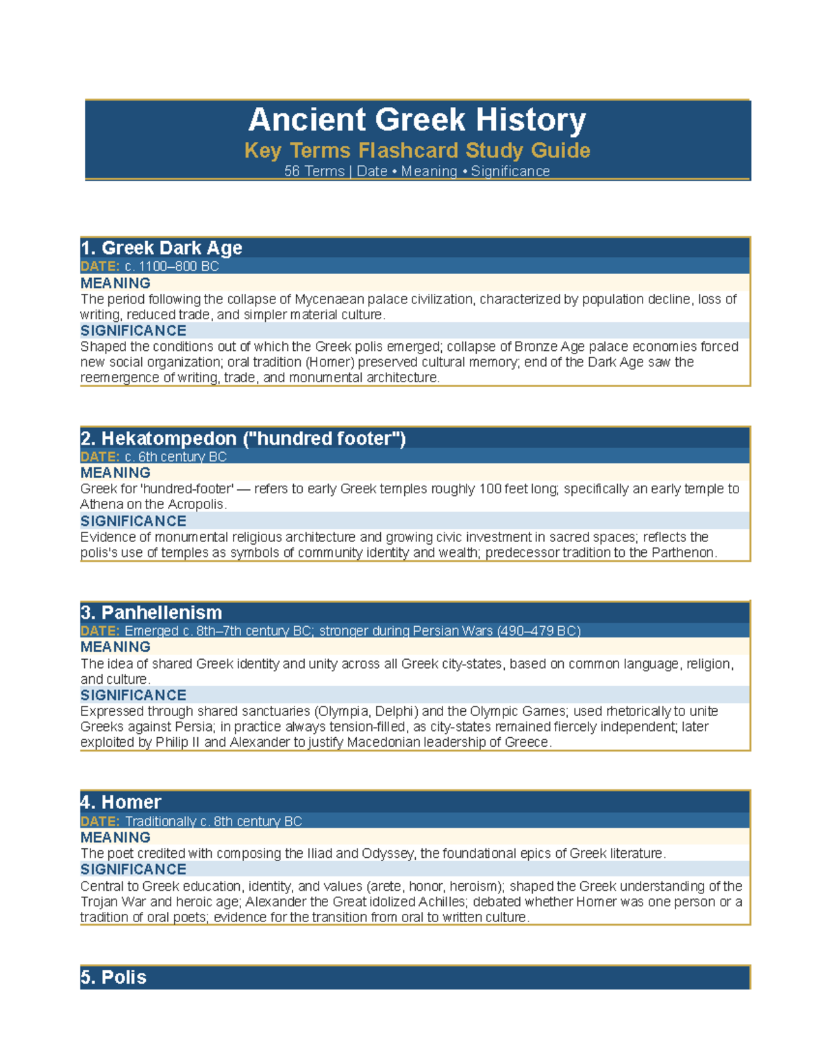 Ancient Greek History Flashcard Study Guide (56 Key Terms) - Studocu