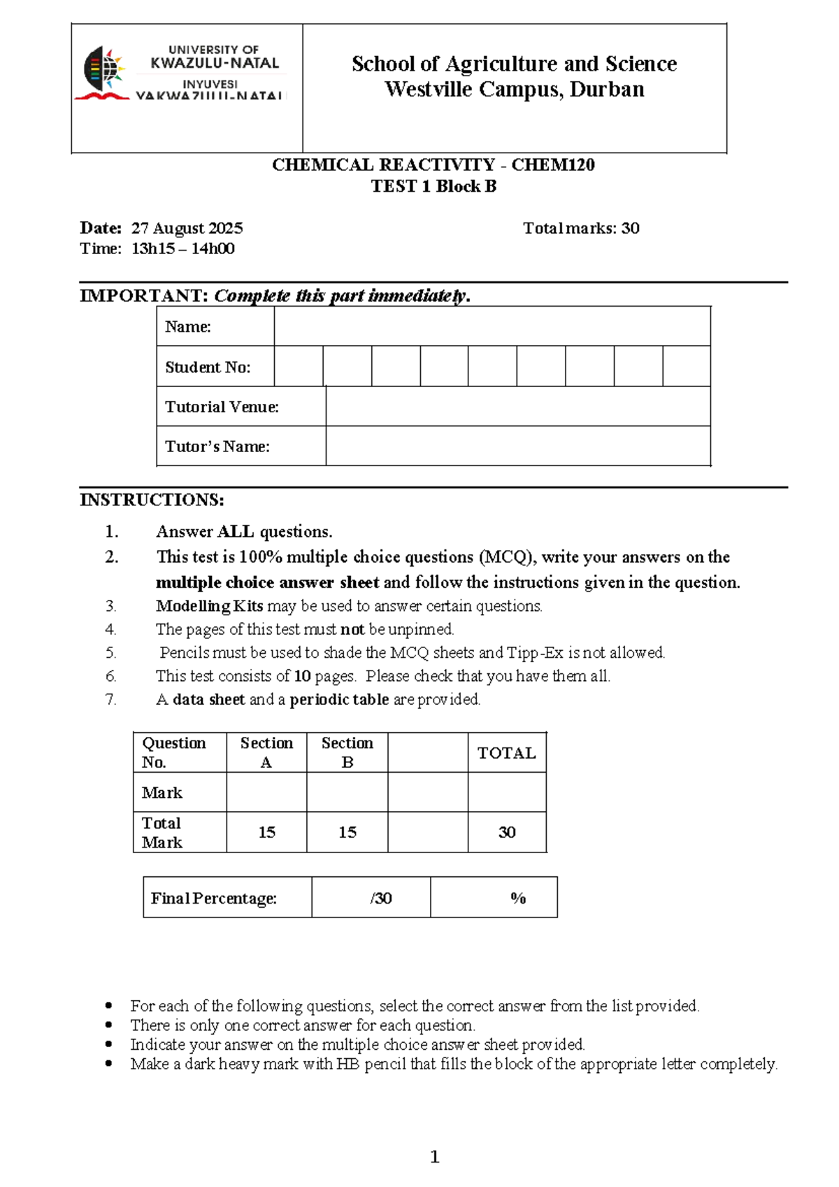 Chem 120 Test 1 Block B - Chemical Reactivity Overview - Studocu