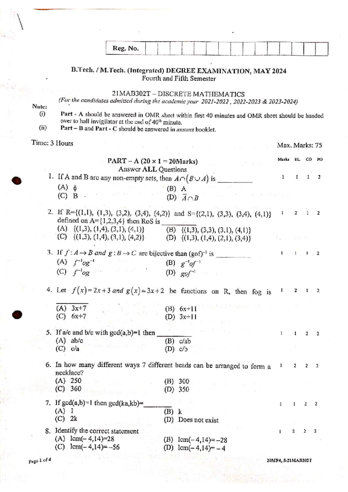 B.Tech. 18MAB302T Discrete Mathematics Exam Paper - May 2024 - Studocu