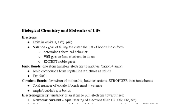Biology Exam #1 Study Guide: Key Concepts in Biological Chemistry - Studocu