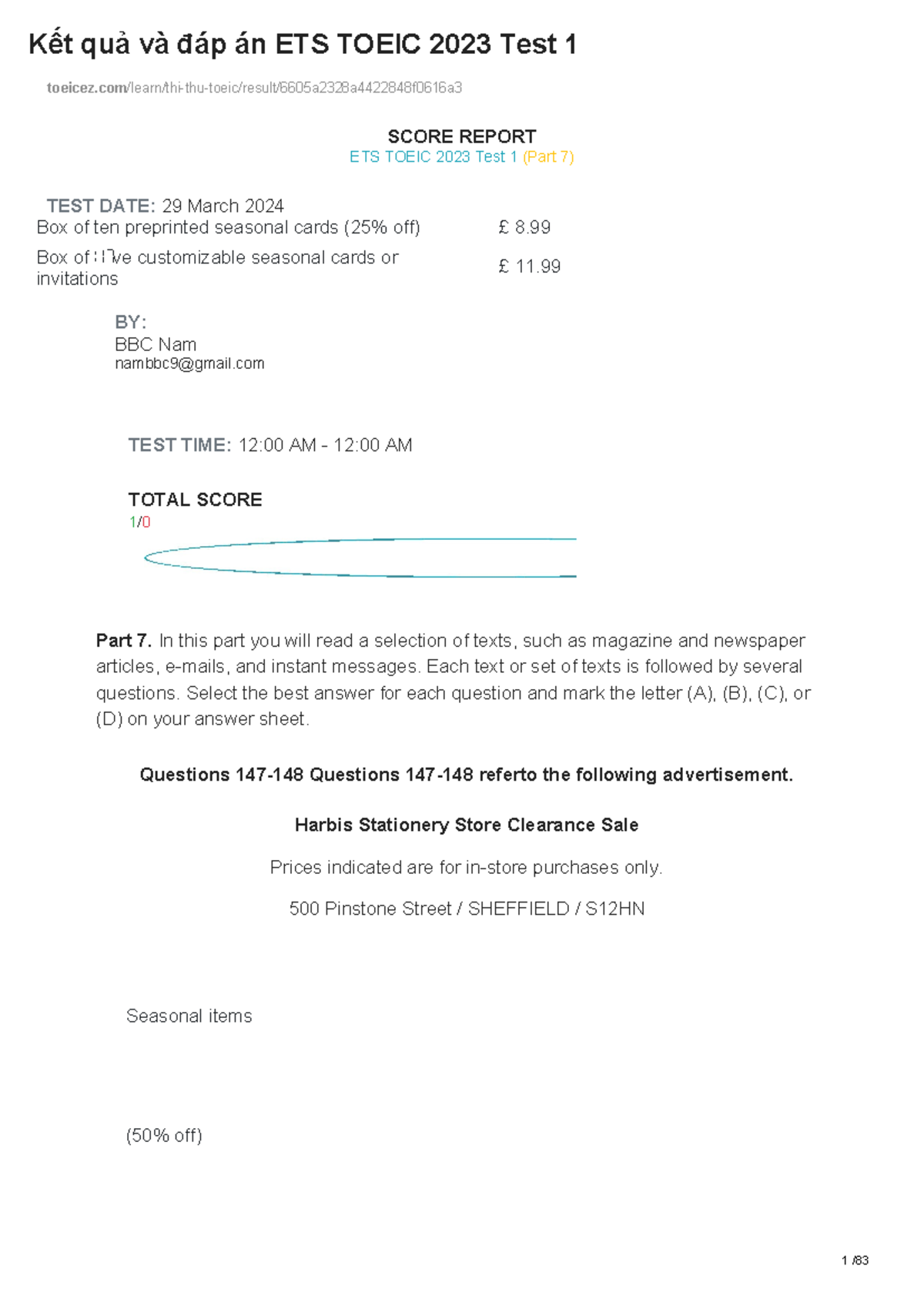 Kết quả và đáp án ETS TOEIC 2023 Test 1 (Test Date: March 29, 2024 ...