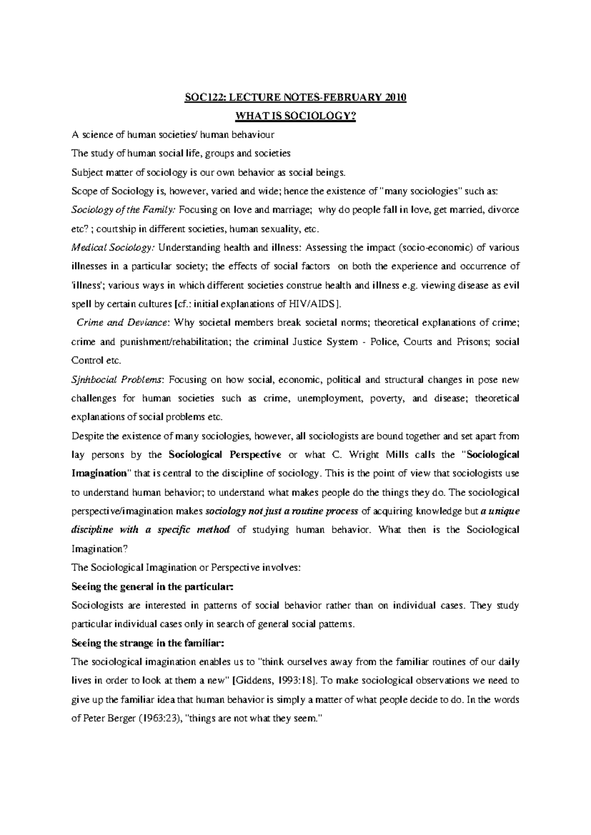 SOC 121 Lecture Notes - Introduction to Sociology and Its Perspectives ...