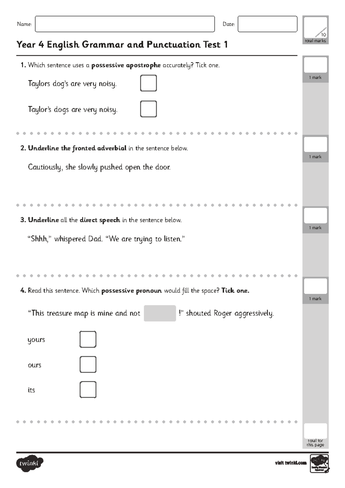 Year 4 English Grammar & Punctuation Test 1 - Studocu