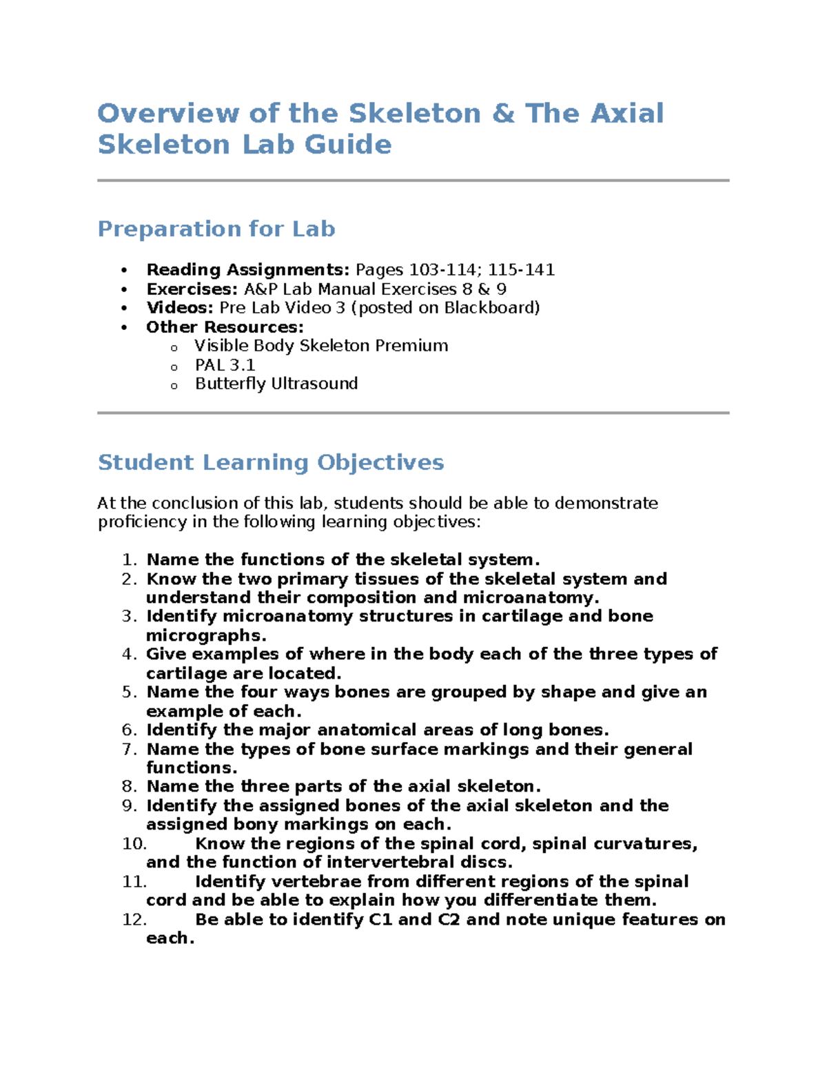 Axial Skeleton Lab Exercises and Notes for A&P 101 - Studocu